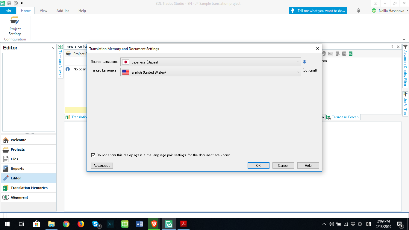 After selecting source and target languages while creating a new project, OK button does not ...