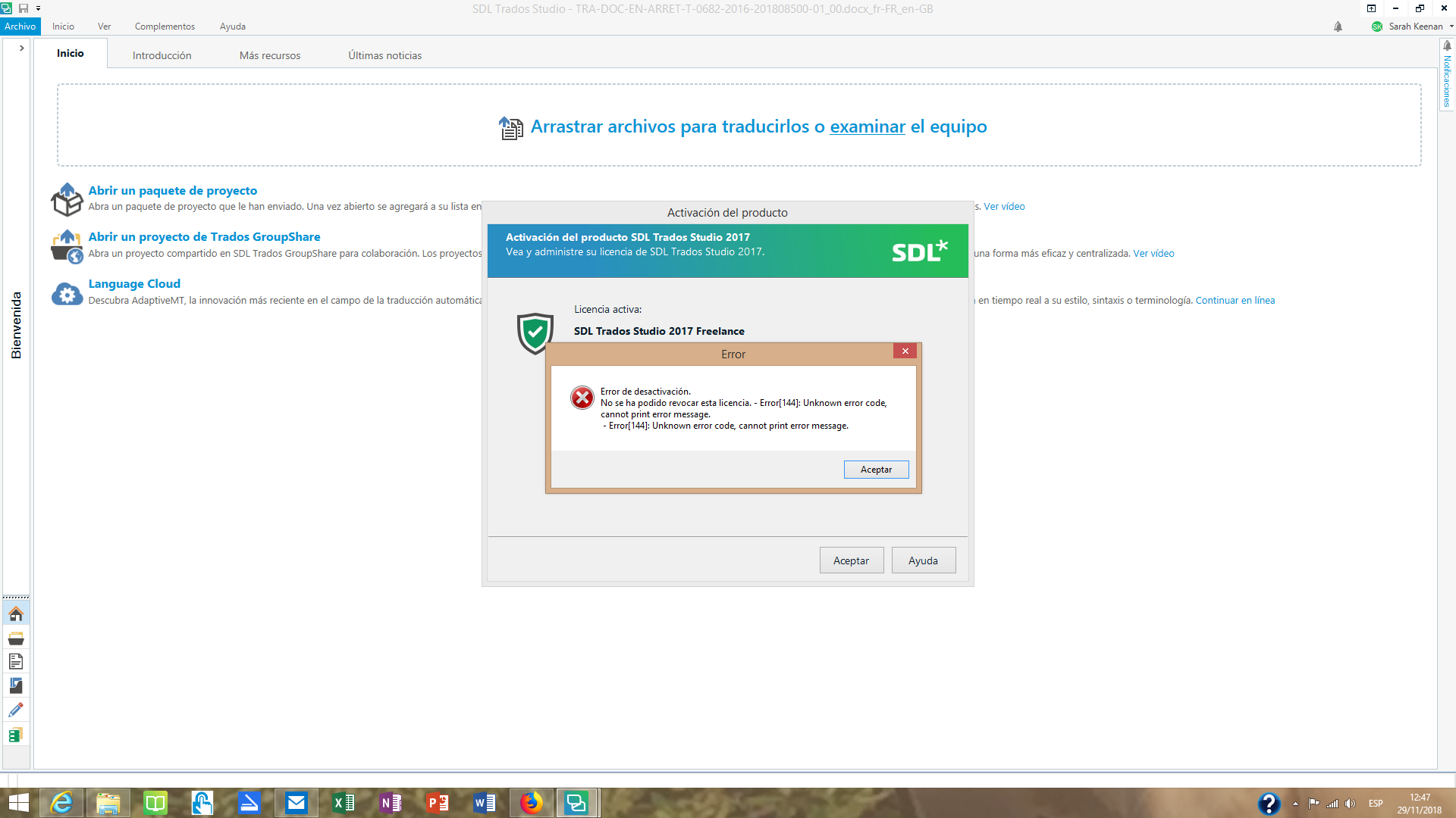 Deactivation Failed. Could not revoke this license. - Error [144]: - 1 ...