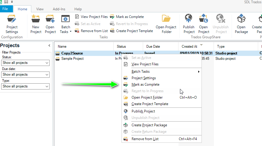 Trados 2019 - Unable to mark a project complete and unable to close it ...