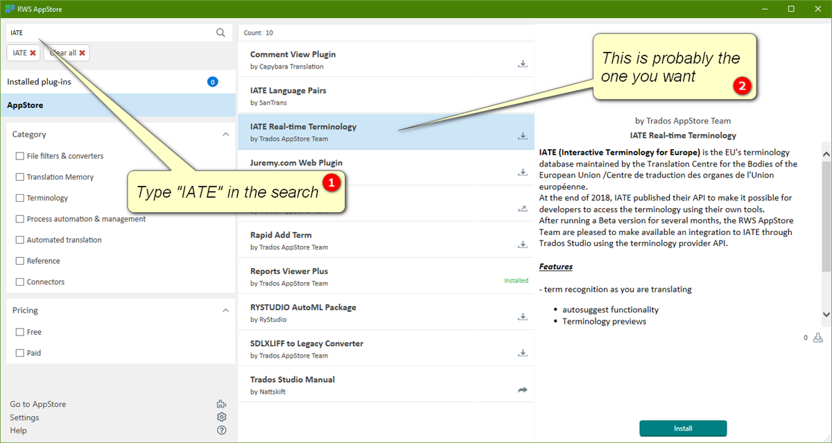 Where can I find a working link for IATE plug-in? - 2. RWS AppStore ...