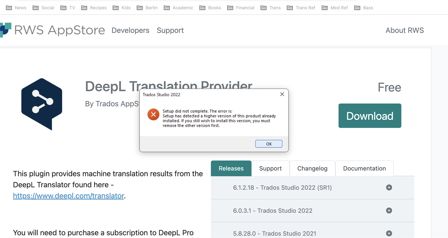 Cannot install DeepL plugin on Trados Studio 2022 (Error: "Setup has detected a higher version ...
