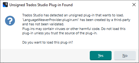 Language Weaver provider - Unsigned plug-in error - 2. RWS AppStore ...