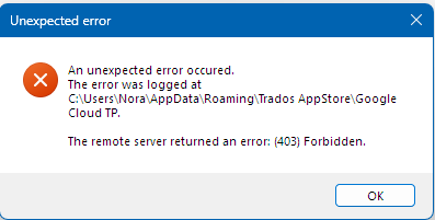 Forbidden error returned by the Google Cloud Translation Provider - 2. RWS AppStore Applications ...