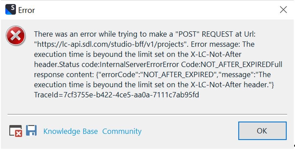 Error message trying to create a cloud project with Trados 2022 - 2. Trados Enterprise ...