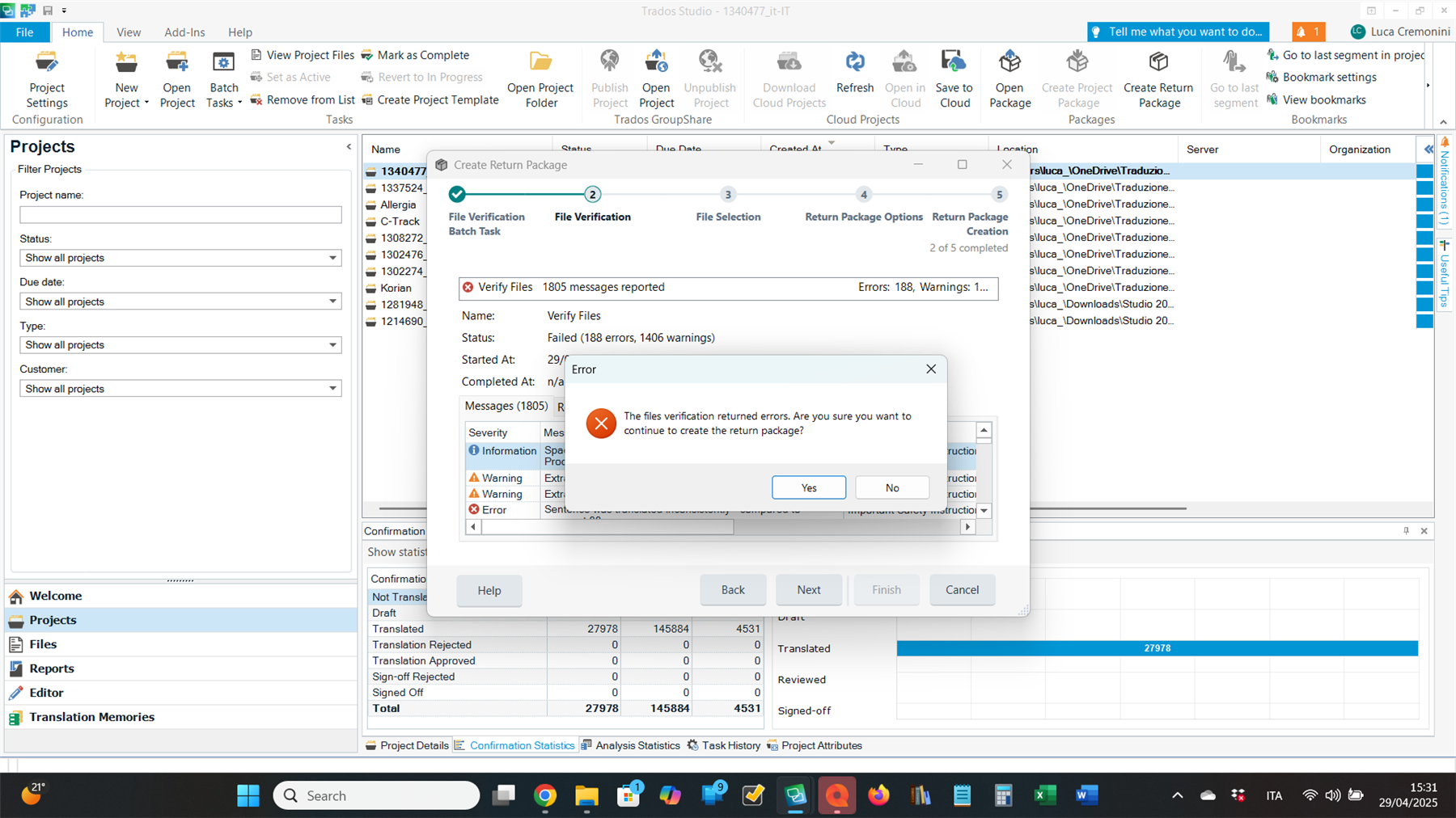 Files not showing up for selection when trying to create return package - 1. Trados Studio ...