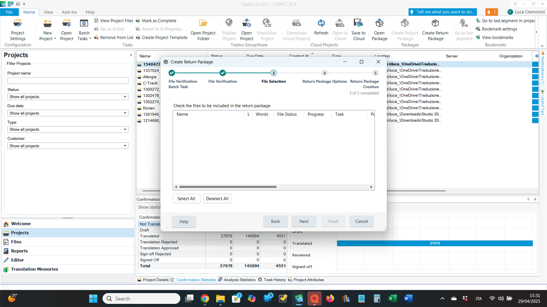 Files not showing up for selection when trying to create return package - 1. Trados Studio ...