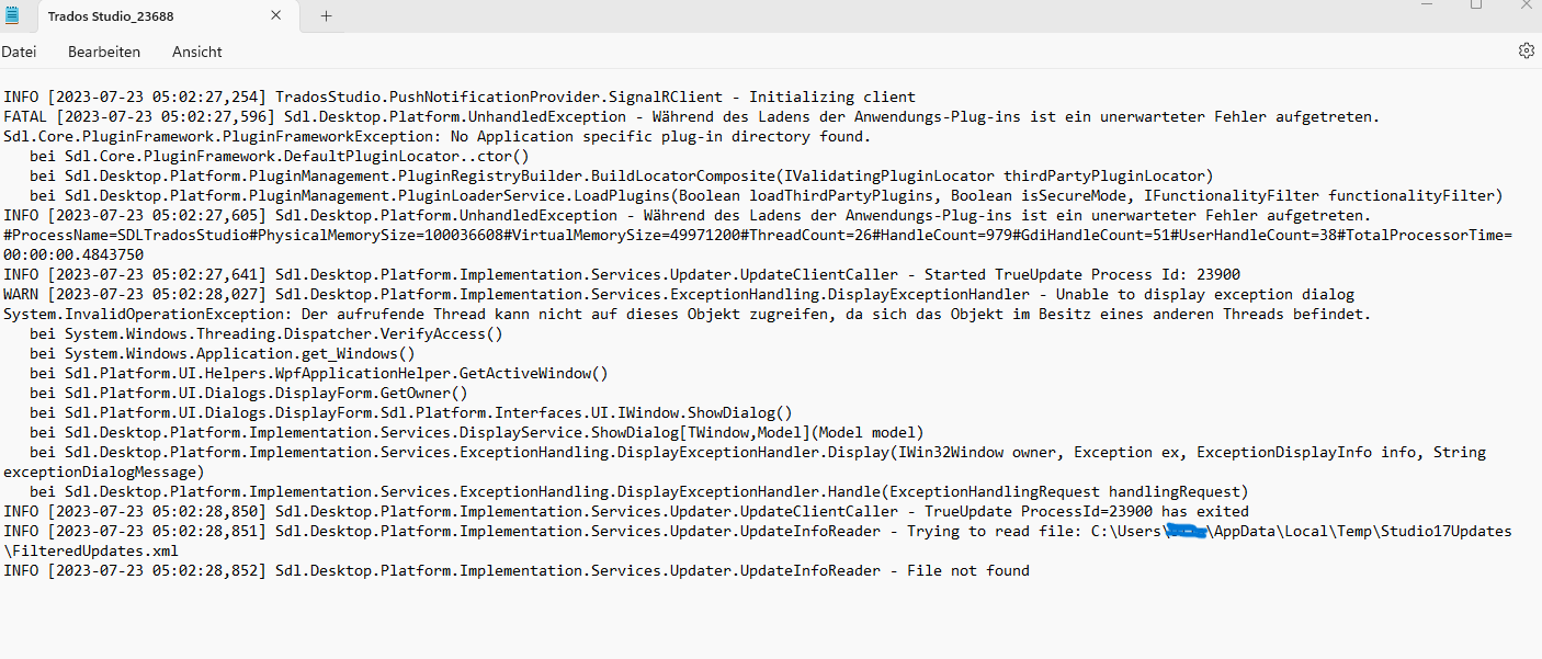 After installation of new SP for Trados Studio 2022 and some plugins: Dienst "Sdl.Desktop ...
