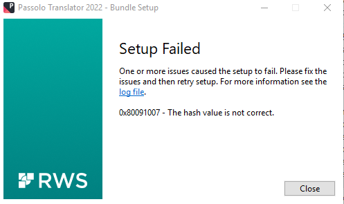 Installation of Passolo Translator 2022 failed (0x80091007 the hash ...