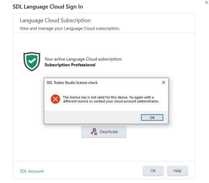 License activation error (via "Language Cloud Subscription"). - 2. Licensing and Installation ...