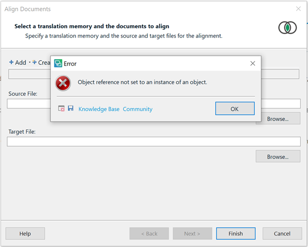 Alignment error (object reference not set to an instance of an object) - 1. Trados Studio ...